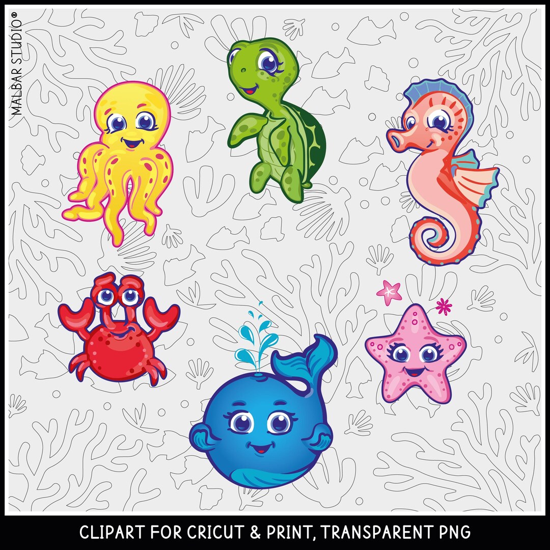 Sea Animal Clipart, Sea Horse, Turtle, Crab, Octopus, Starfish, Dolphin ...