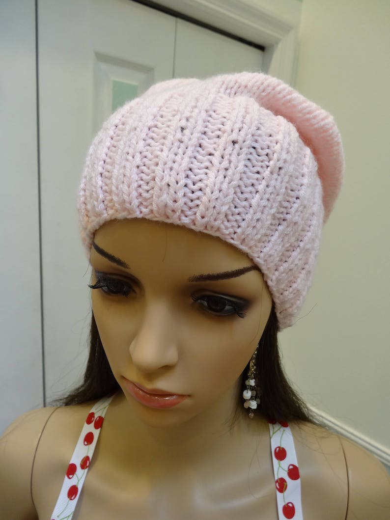 Handknitted, PINK WINTER HAT, 4 Inch Ribbed Forehead , Slouchy Style ...