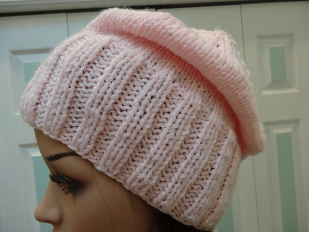 Handknitted, PINK WINTER HAT, 4 Inch Ribbed Forehead , Slouchy Style ...