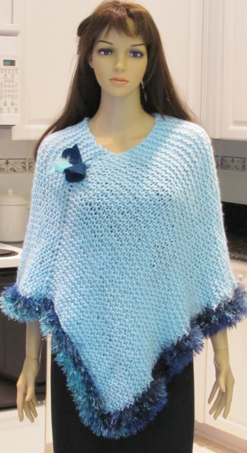 SALE ITEM, Stylish, Sky Blue Poncho, Hand Knitted With Feathered, Suede ...
