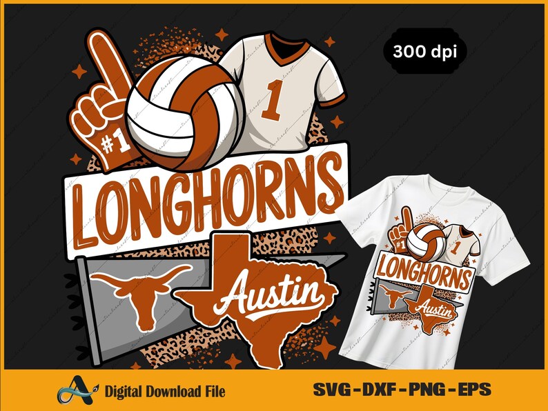 Longhorn SVG Volleyball PNG: Texas College Team Spirit Design (digital ...