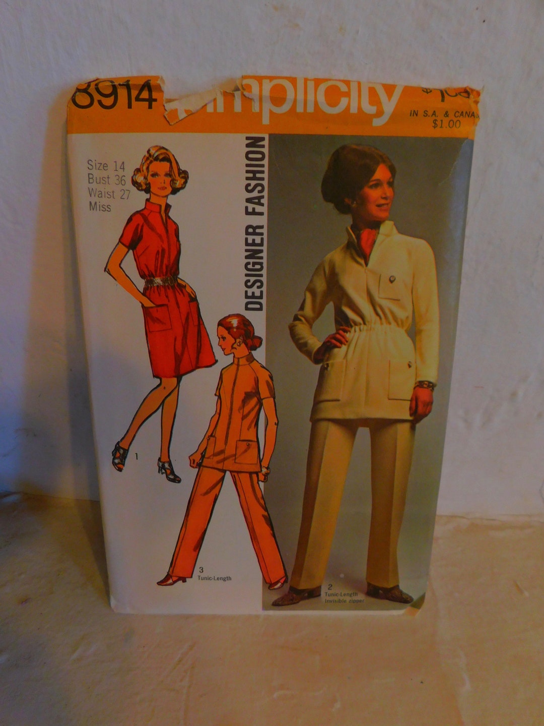 Simplicity 8914 1970's Designer Zip Front Tunic Pattern - Zipper Front ...