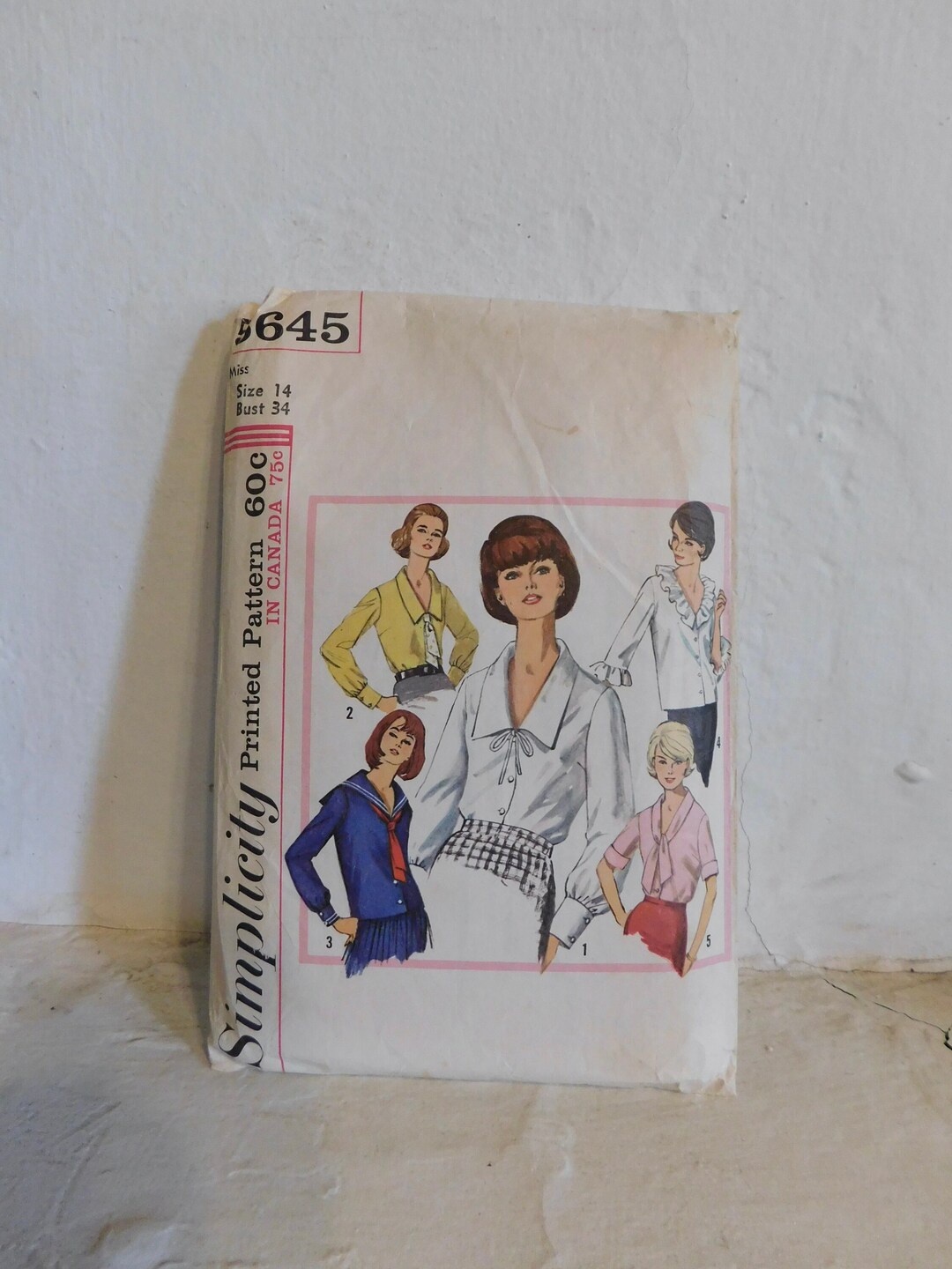 Simplicity 5645 1960's Sailor Collar Blouse Pattern Deep V Neck Tie ...