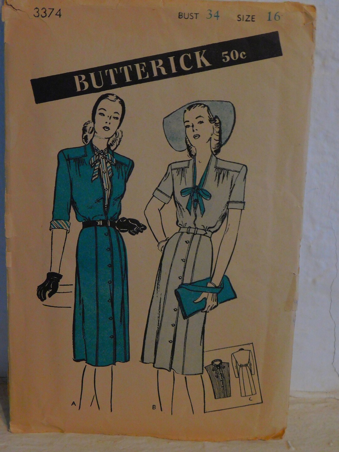Butterick 3374 1940's Dress Pattern - Tie Collar Dickey Pattern - 1940 ...