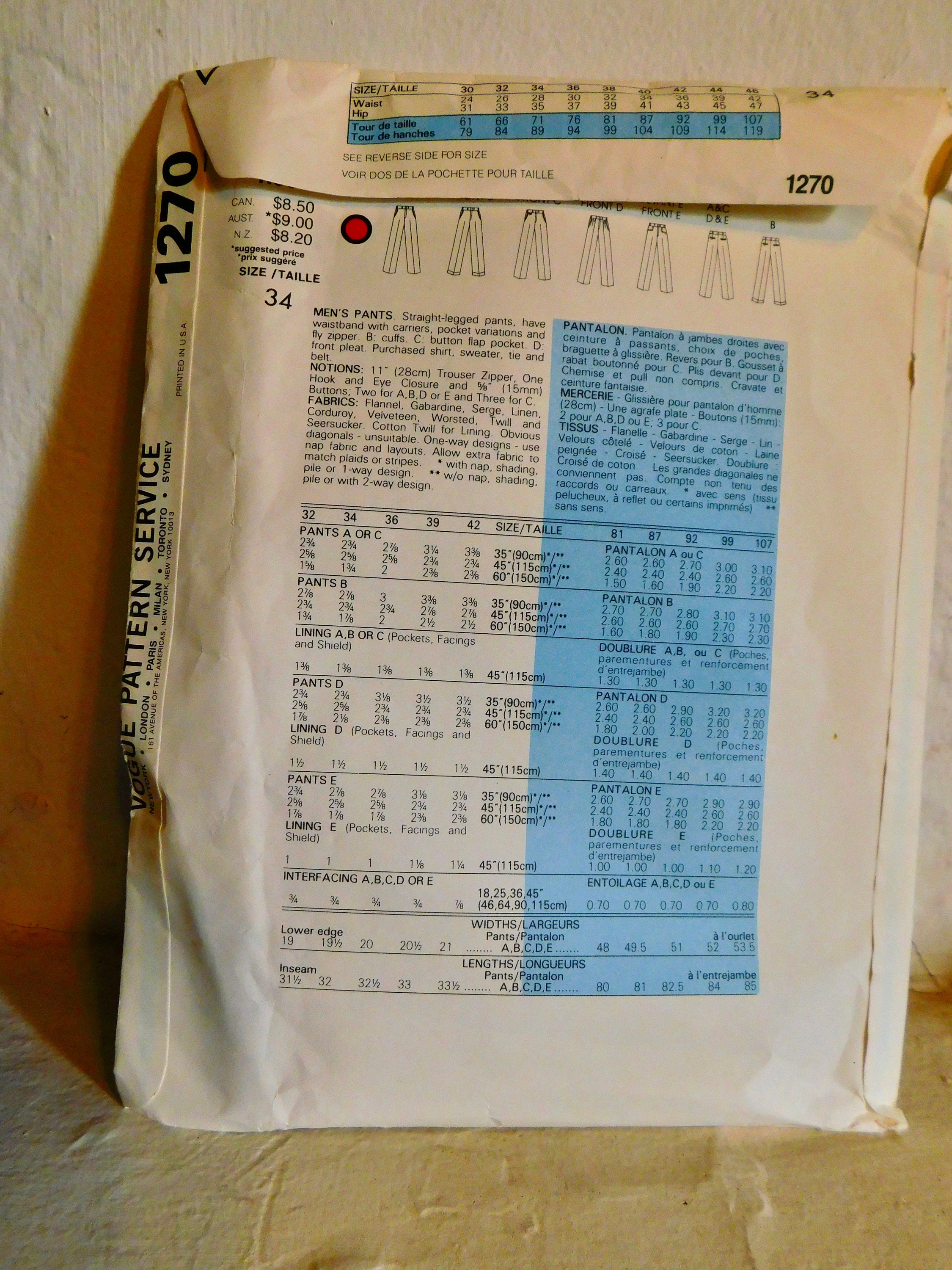 Vogue 1270 1980's Men's Pants Pattern Vogue's Basic Design Pattern 1980 ...