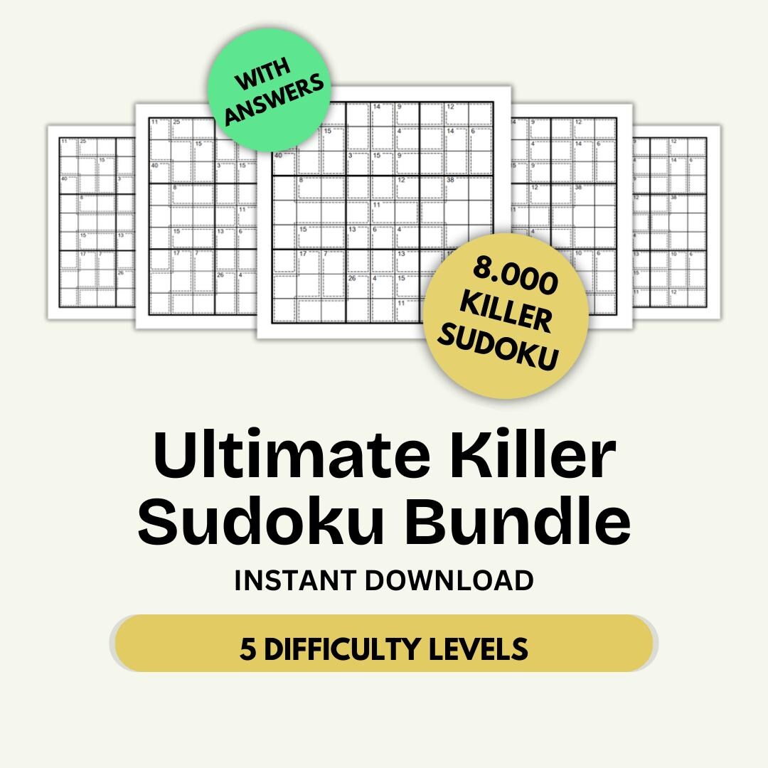 Printable Killer Sudoku Mega Bundle, 8000 Killer Puzzles, 5 Difficulty ...