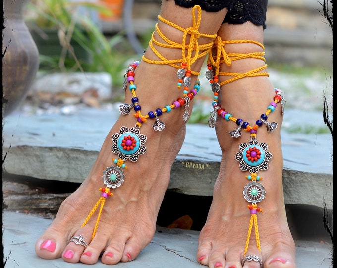 BLUE Flower BAREFOOT Sandals. Sunshine. YELLOW Barefoot Shoes. Hippie Summer. Bikini Sandals ...