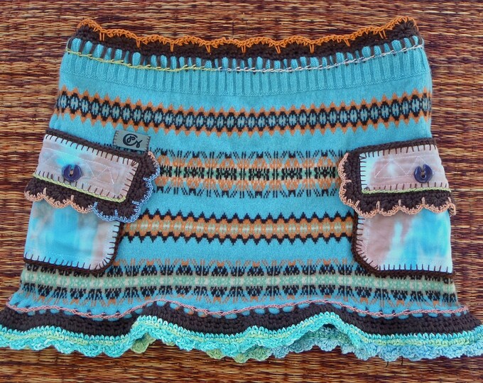GYPSY Boho Knit Mini SKIRT Turquoise Scalloped Crochet - Etsy
