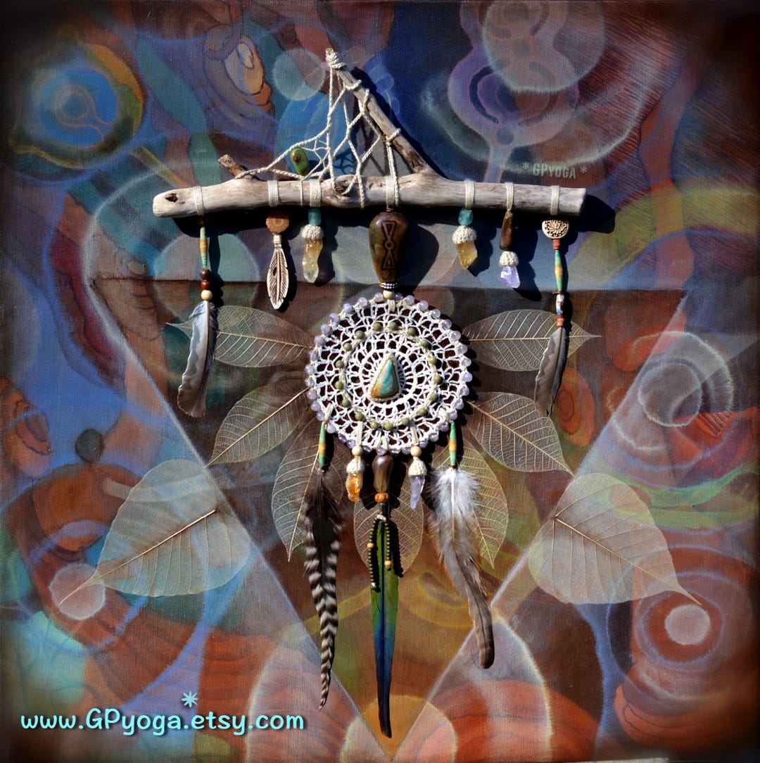 Crystal DREAMCATCHER on Painting. Vintage DOILY Mandala. Amethyst and Citrine. Spiritual ...