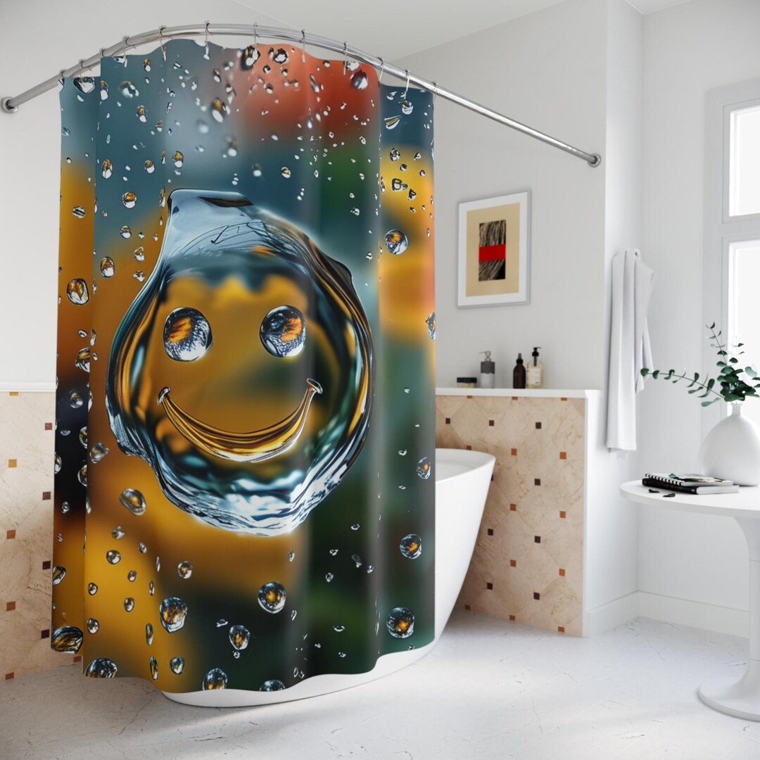 Smiley Face Water Droplet Shower Curtains, Floral Bathroom Decor, Happy ...