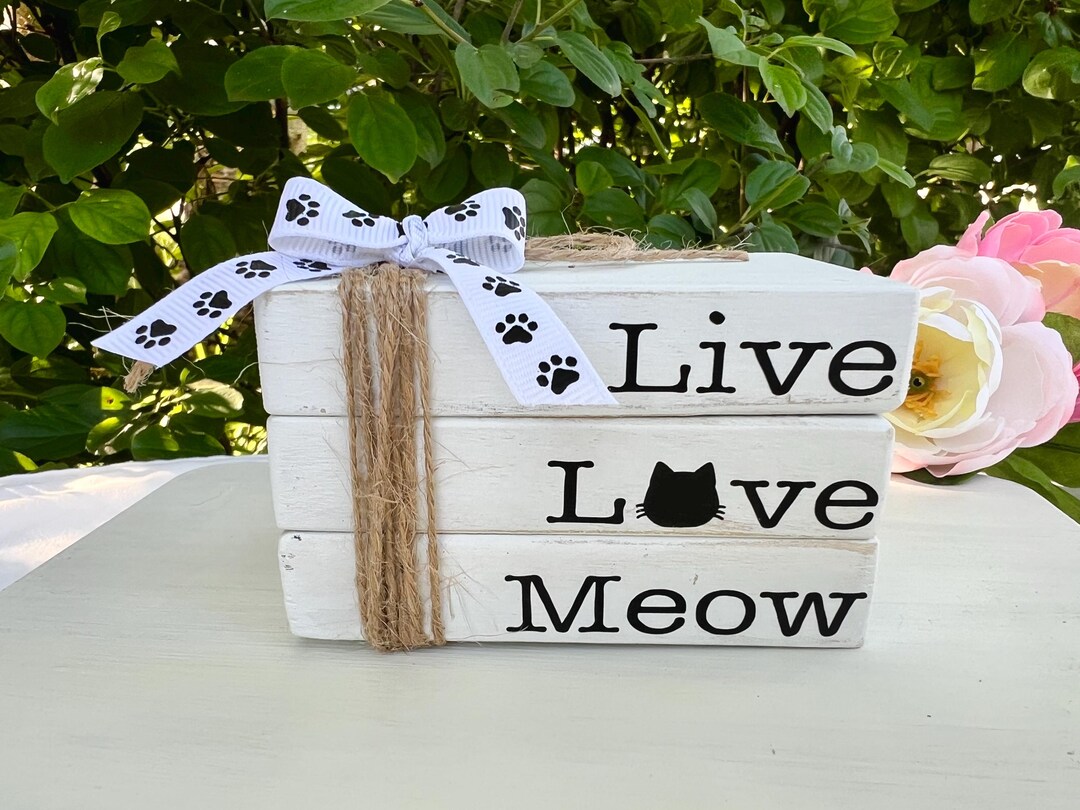 Live Love Meow Wooden Book Stack: Cat Lover Farmhouse Decor - Etsy