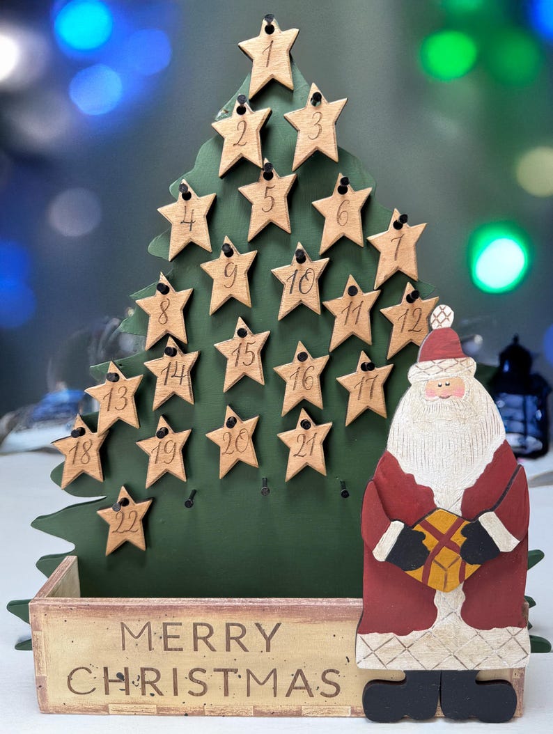 Wooden Christmas Countdown Tree Calendar, Hand Painted Santa ...