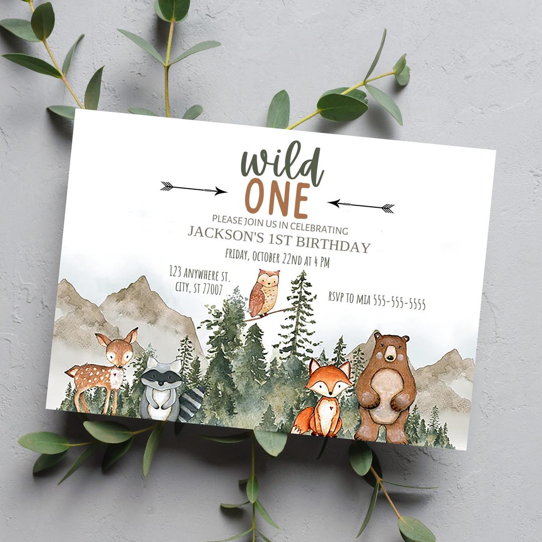 EDITABLE Wild One Invitation Woodland Animals Forest Woods Party ...