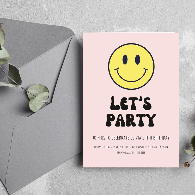 Editable Smiley Face Birthday Invitation: Pink Preppy Party (digital ...