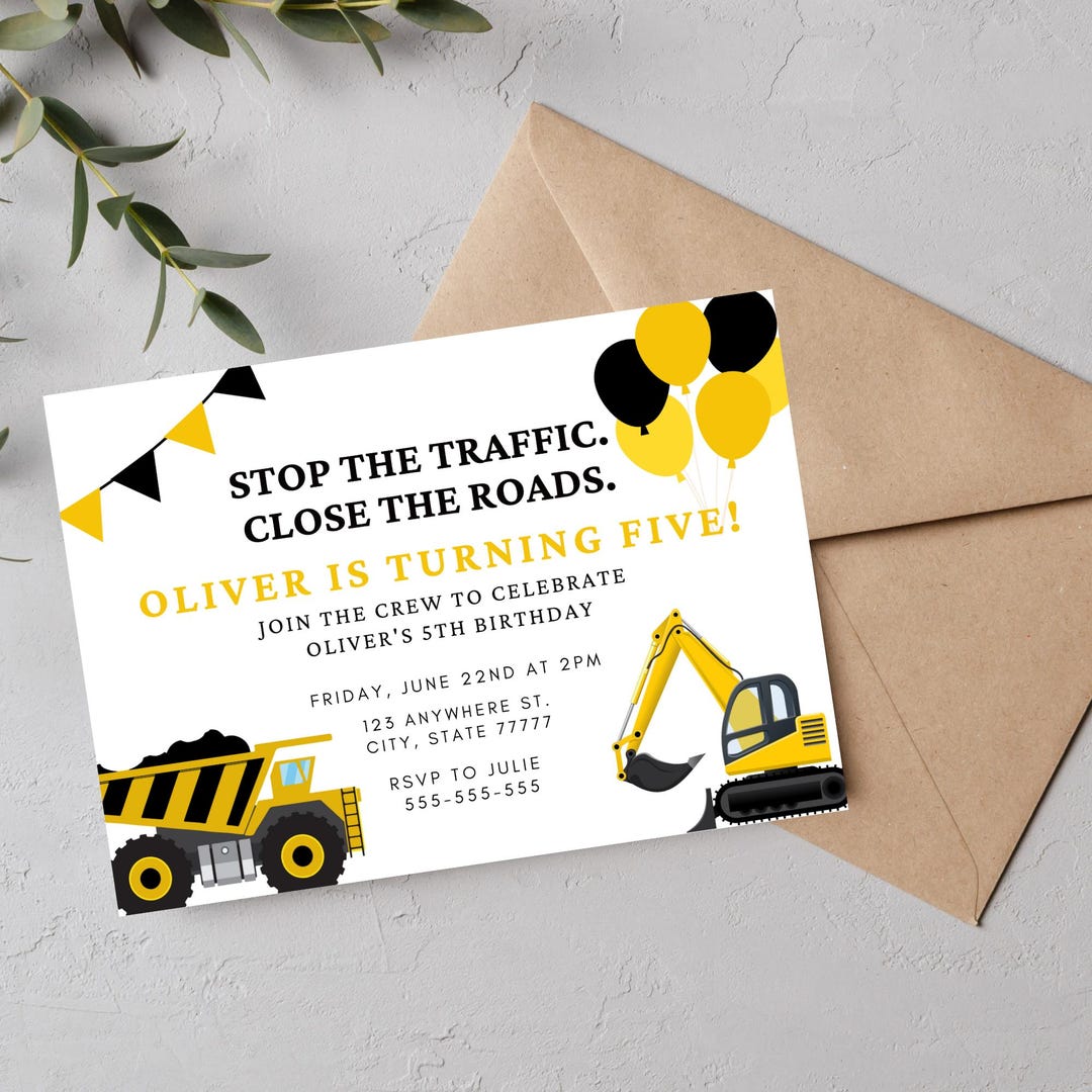 EDITABLE Construction Birthday Party Invitation, Stop the Traffic ...