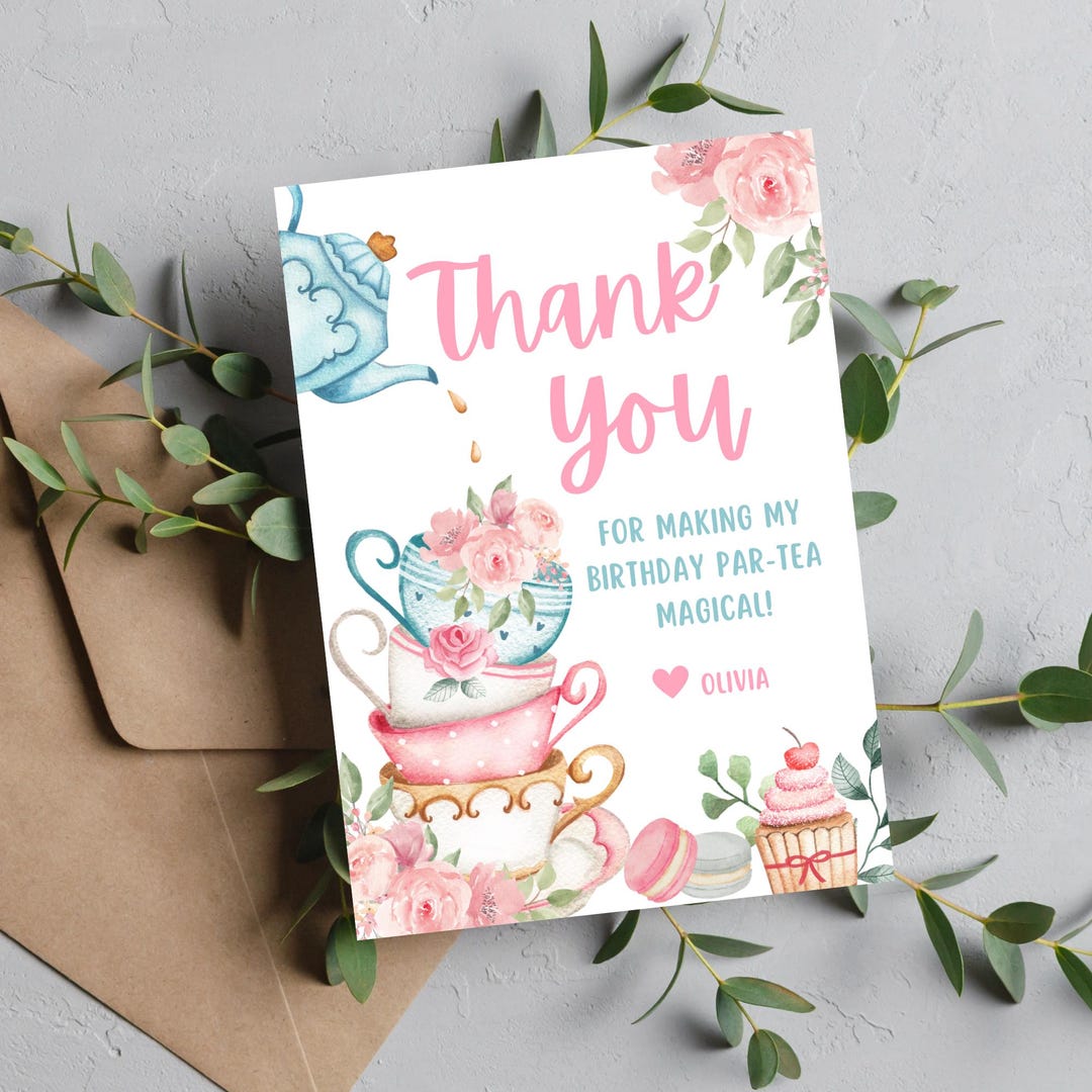 Editable Tea Party Thank You Card: Floral Birthday (digital Download ...