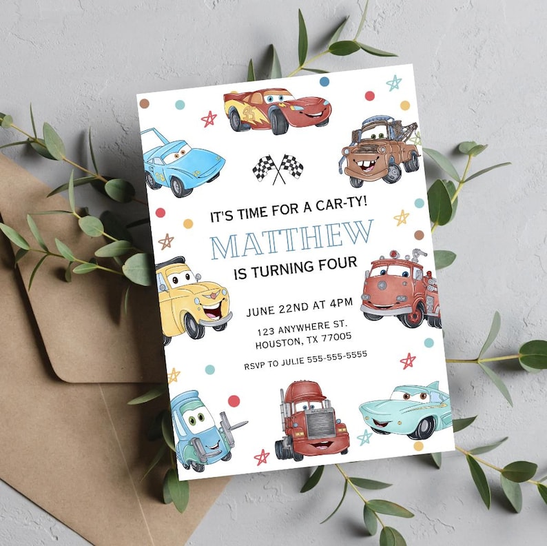 EDITABLE Cars Car-ty Birthday Invite, Lightning Mcqueen Mater, Dusty ...