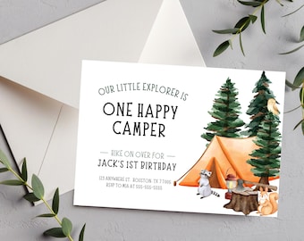 Editable One Happy Camper First Birthday Invitation Template, Wild One Outdoors 1st Birthday ...