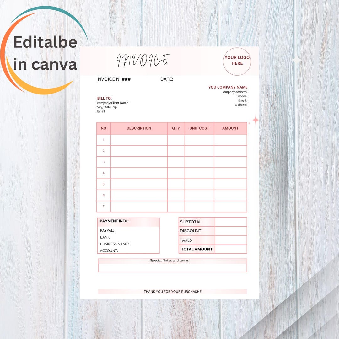 Invoice Template Editable, Small Business Custom Order Form Printable ...