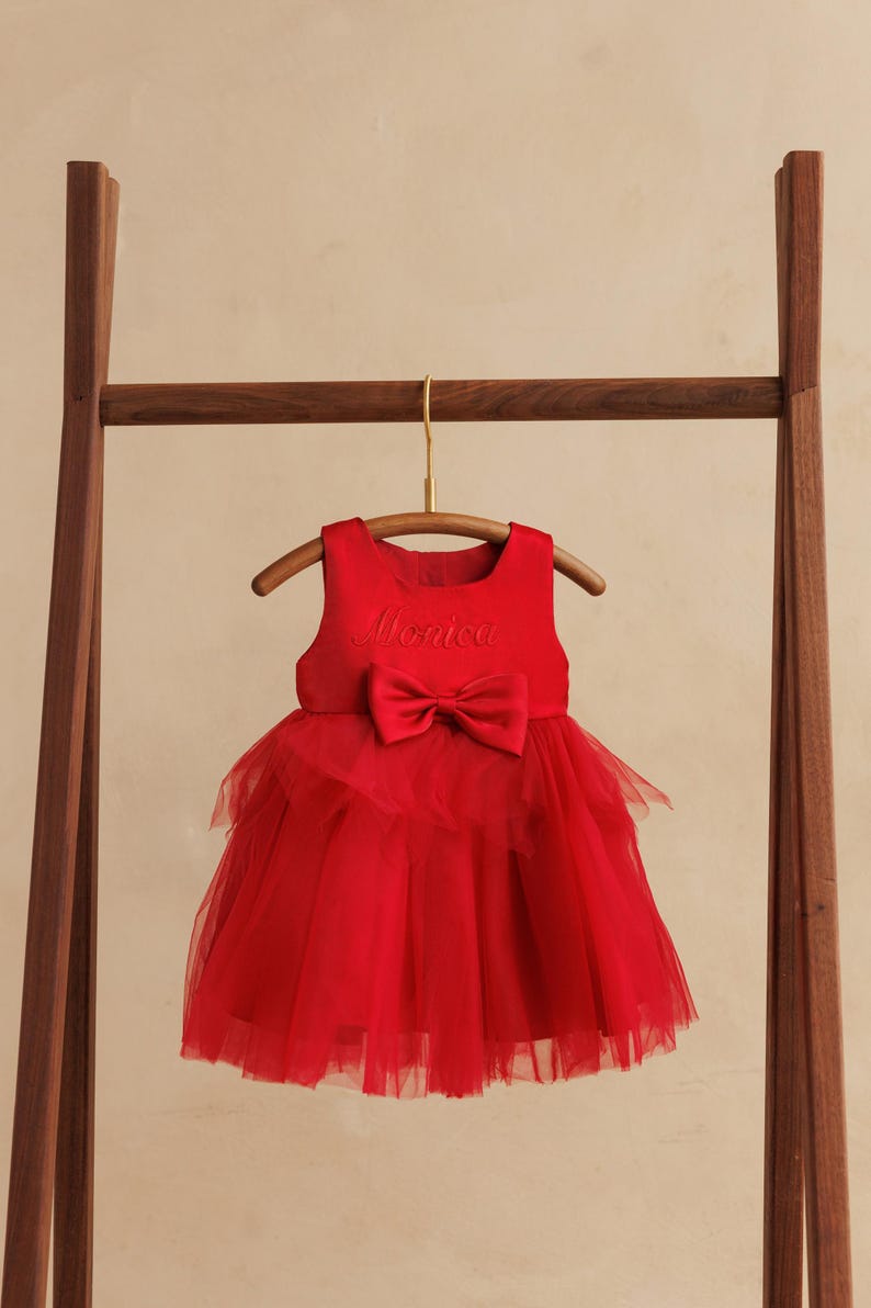 Personalized Red Baby Girl Dress With Bow, Custom Name Dress, Birthday ...