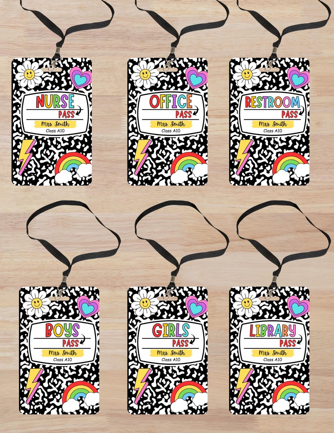 Set of 6 Custom Classroom Hall Pass Lanyards | Personalized Id Badge ...