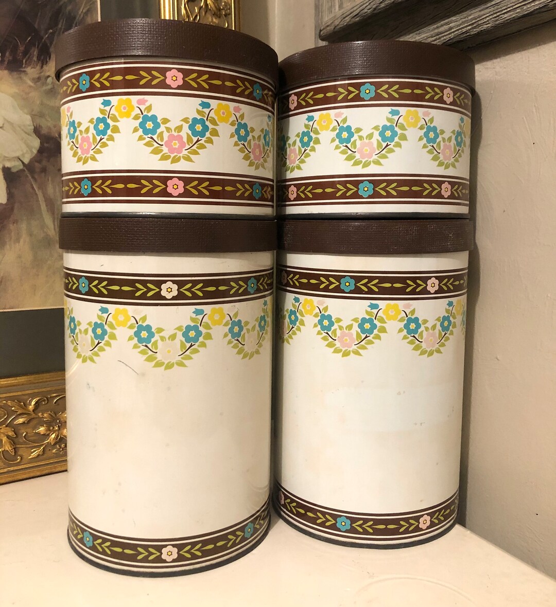7810 Canister Set of Four Mid Century Metal Round Ballonoff Floral ...