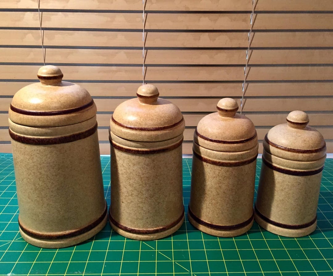 TERRA COTTA Pottery Canisters Set of 4 Domed Top Tan Flecked Finish on ...