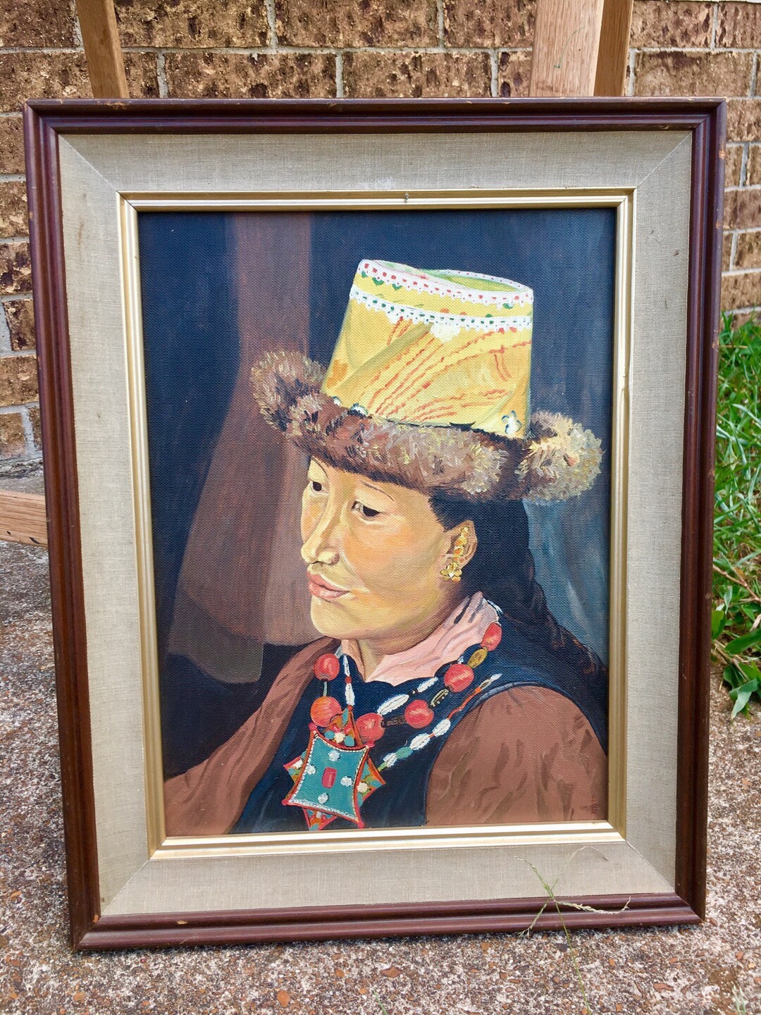 PAINTING Oil on Board Artwork Mongolian Woman With Jewelry and Yellow ...