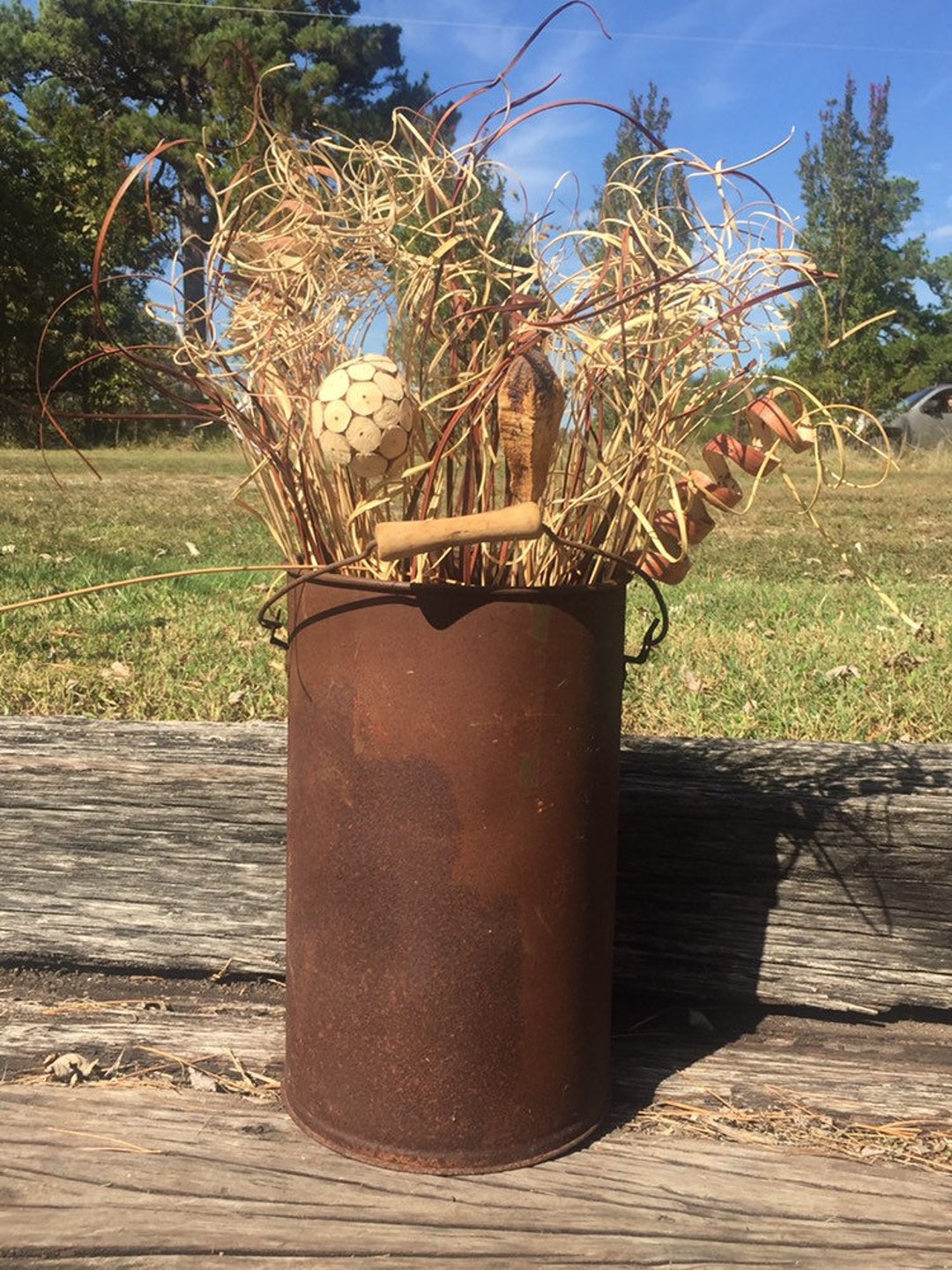 Rusty Pail Tall With Wooden Bail Handle Crusty Floral Bucket Very Tall ...