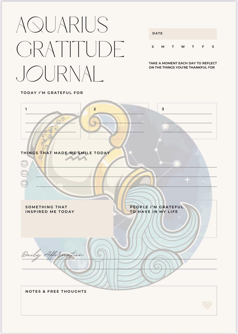 Aquarius Gratitude Journal Printable | Zodiac Daily Journal Page ...