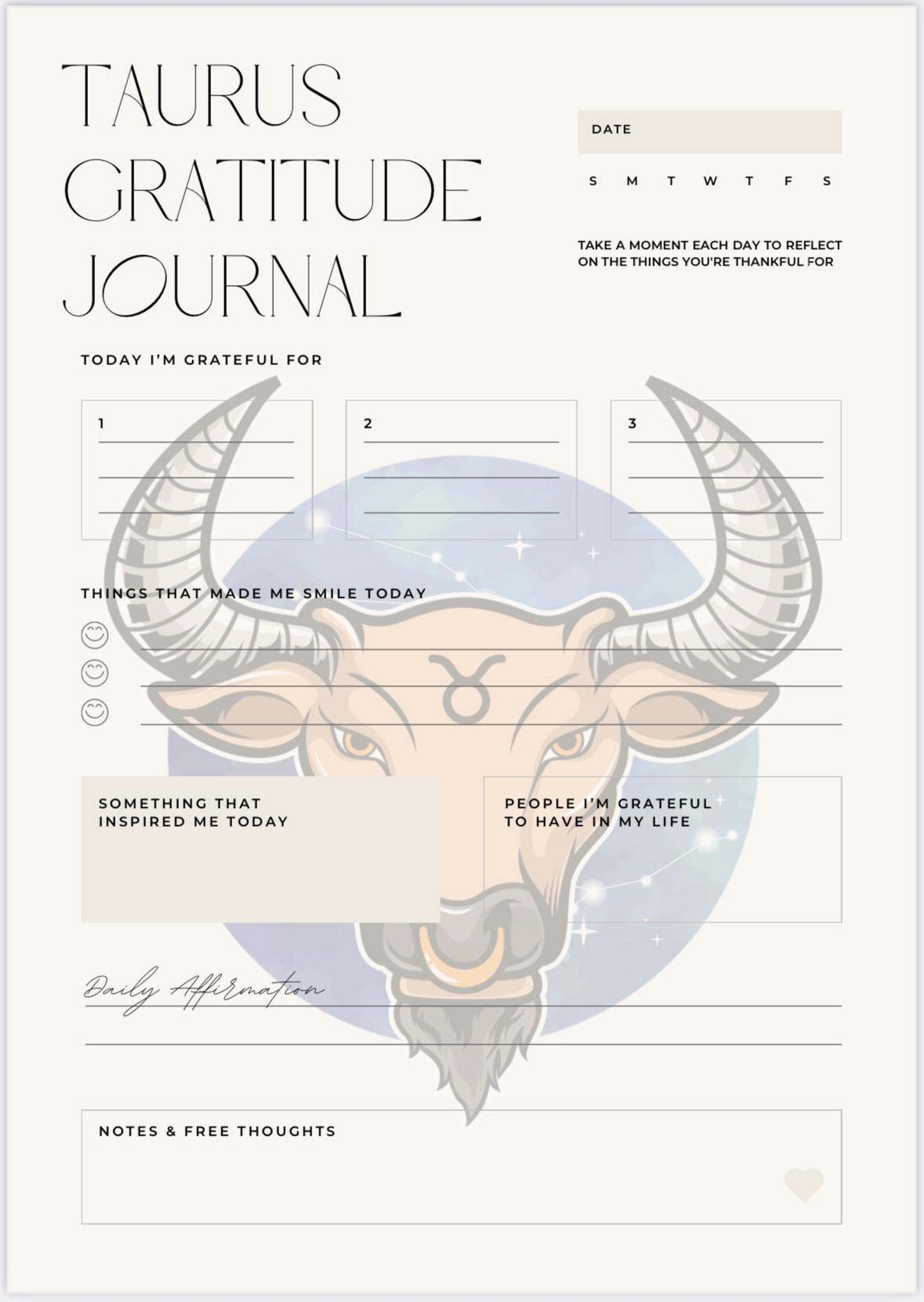 Taurus Gratitude Journal Printable | Zodiac Daily Journal Page ...