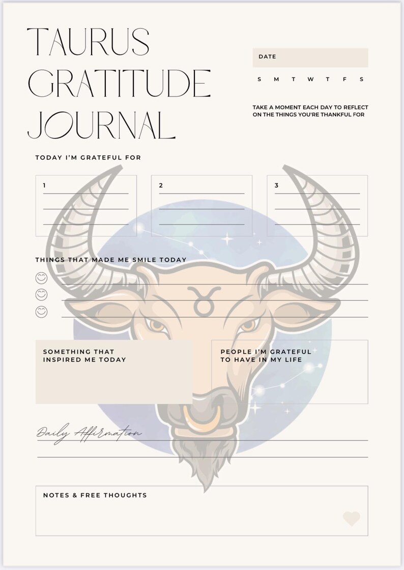 Taurus Gratitude Journal Printable | Zodiac Daily Journal Page ...