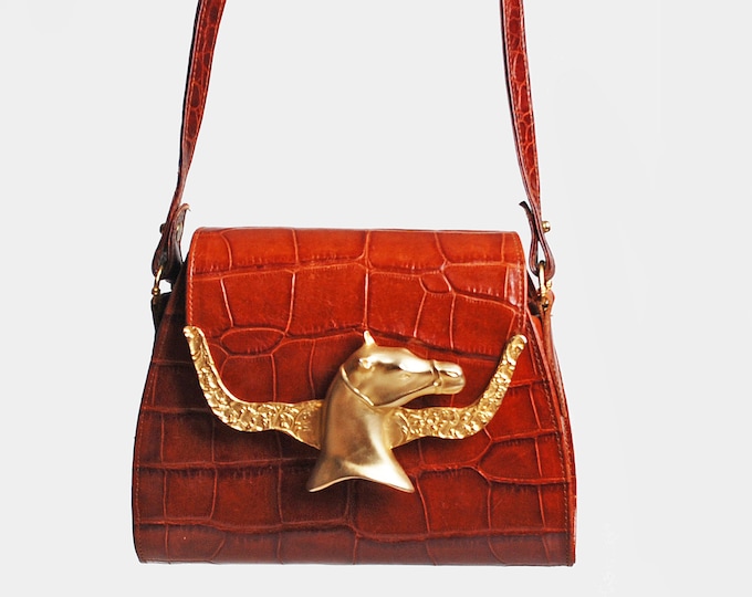 90s HORSE PLAQUE PURSE / Brown Croc Leather Shoulder Bag / Glen Miller ...
