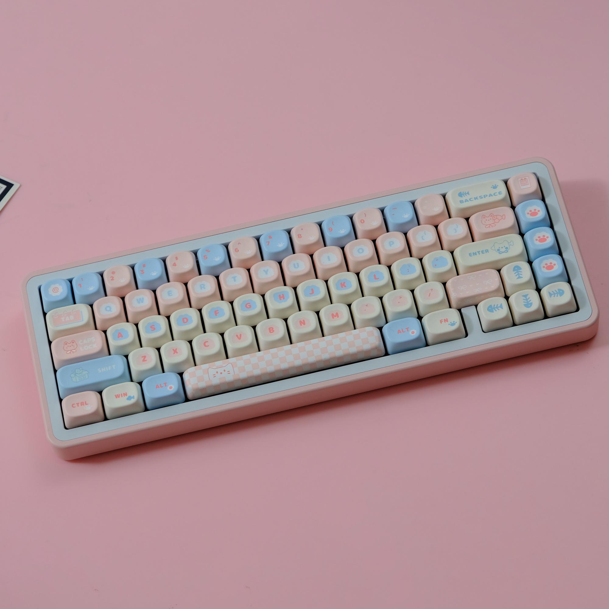 Dreamy Cat Keycap Set – 126 Keys PBT MOA Profile, Pastel Pink & Blue ...
