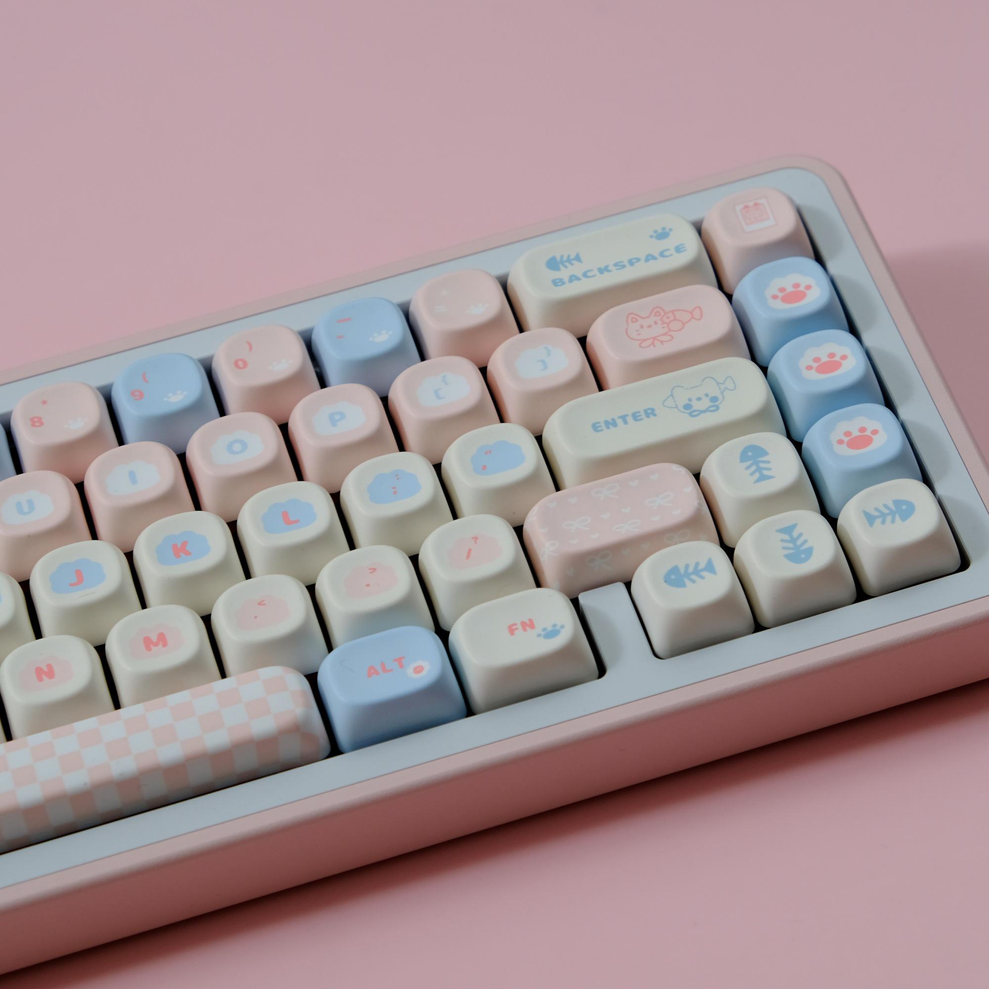 Dreamy Cat Keycap Set – 126 Keys PBT MOA Profile, Pastel Pink & Blue ...