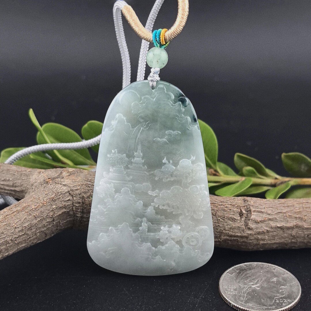 60.6 Mm Translucent Chinese Landscape Jade Pendant - Hand-carved ...