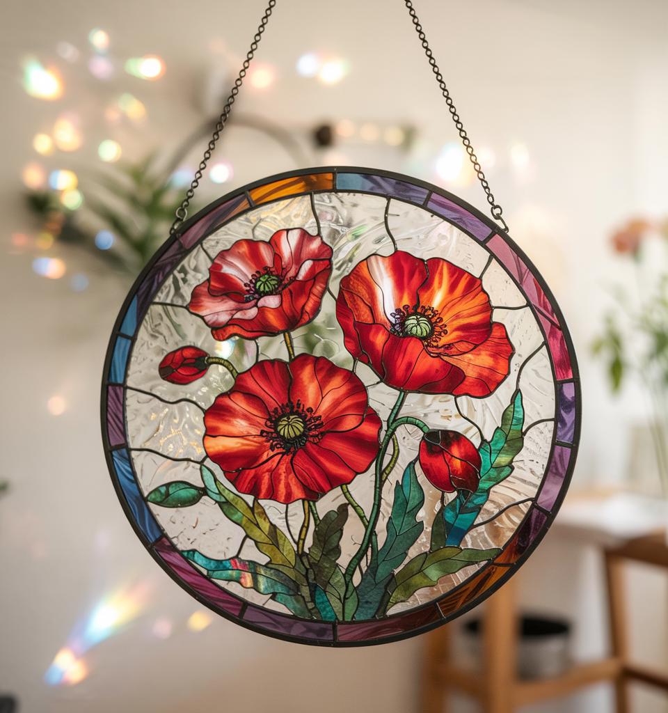 Poppy Flowers Glass Suncatcher - Window Hanging Decor, Stained Glass ...