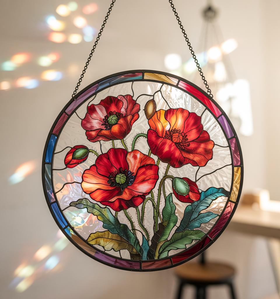 Poppy Flowers Glass Suncatcher - Window Hanging Decor, Stained Glass ...