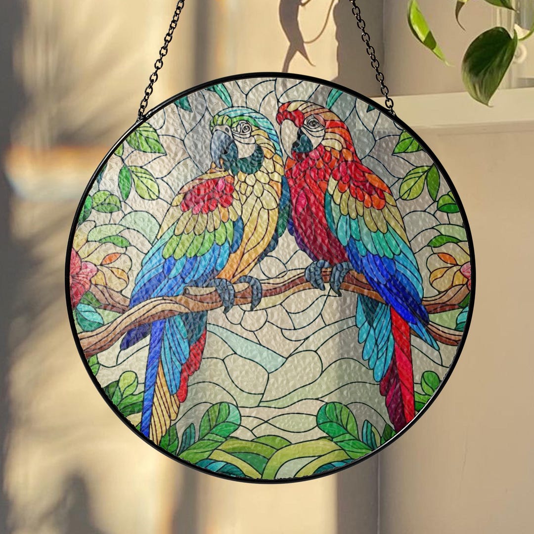 Couple Parrot Glass Suncatcher - Window Hanging Decor, Stained Glass ...