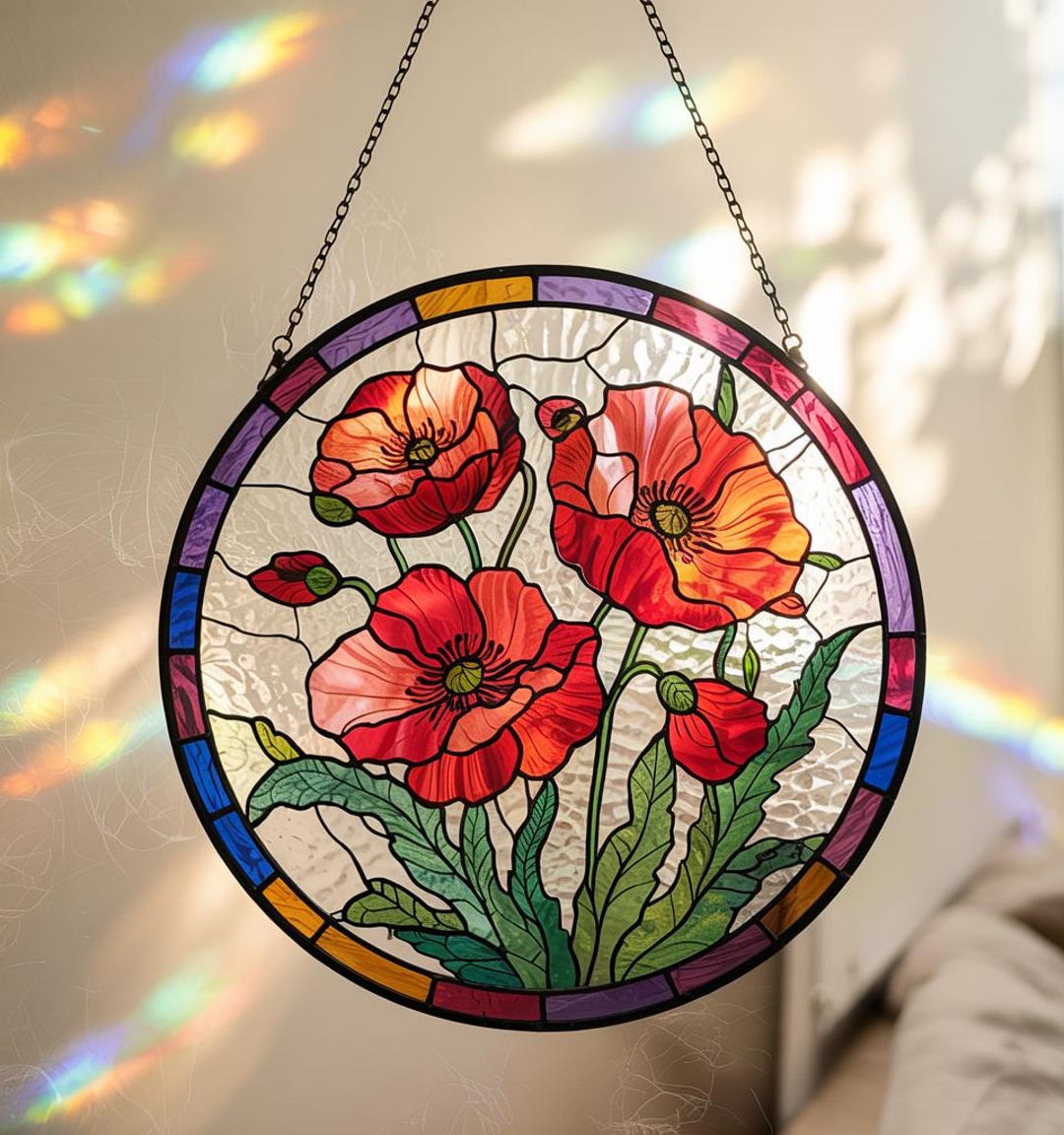 Poppy Flowers Glass Suncatcher - Window Hanging Decor, Stained Glass ...
