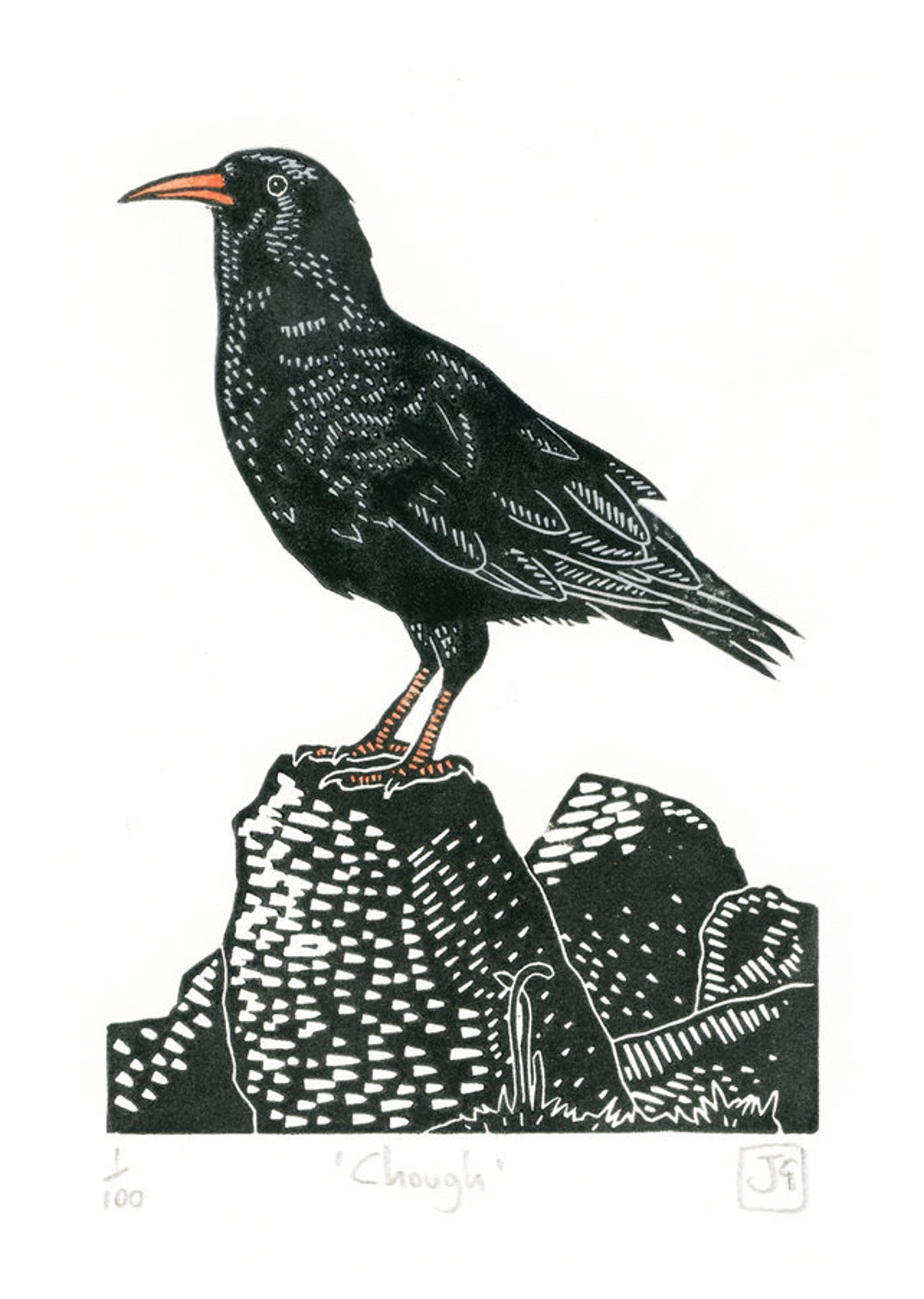 Chough Three-colour Linocut Print - Etsy
