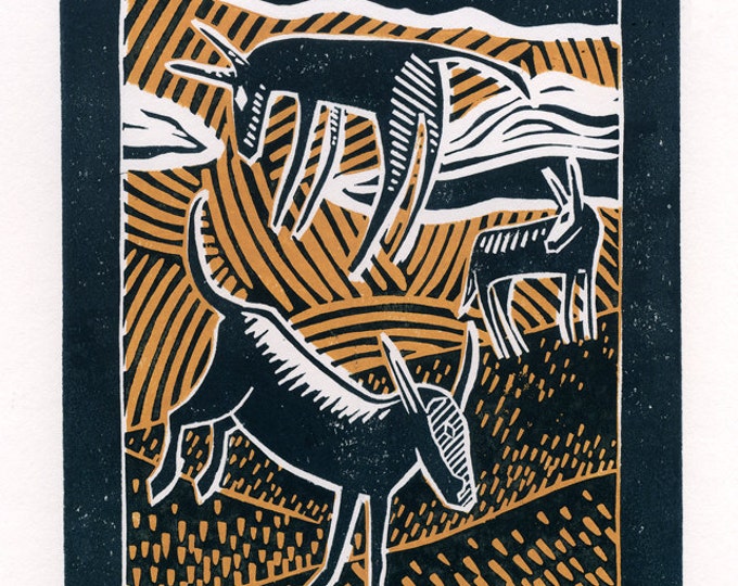 Watching the Wild Donkeys Two-colour Linocut Print in Pale Orange and ...
