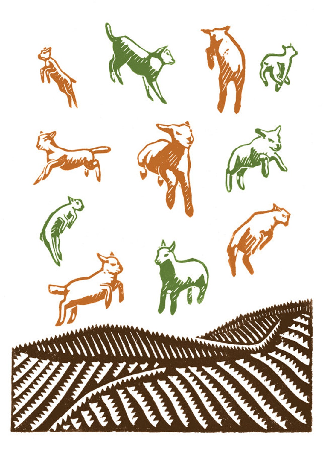 Gambolling A3 Poster Print - Jumping Spring Lambs - From a Linocut - Etsy