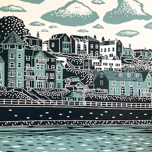 Filey Two-colour A3 Linocut Screen-print - Etsy UK