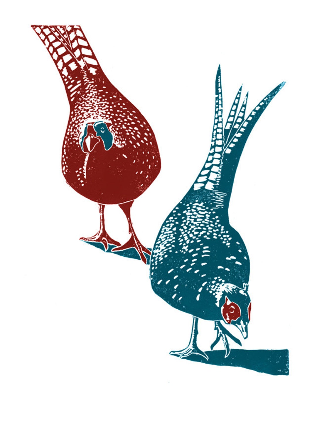 Pheasants A3 Poster Print - From a Linocut - Red and Blue - Etsy
