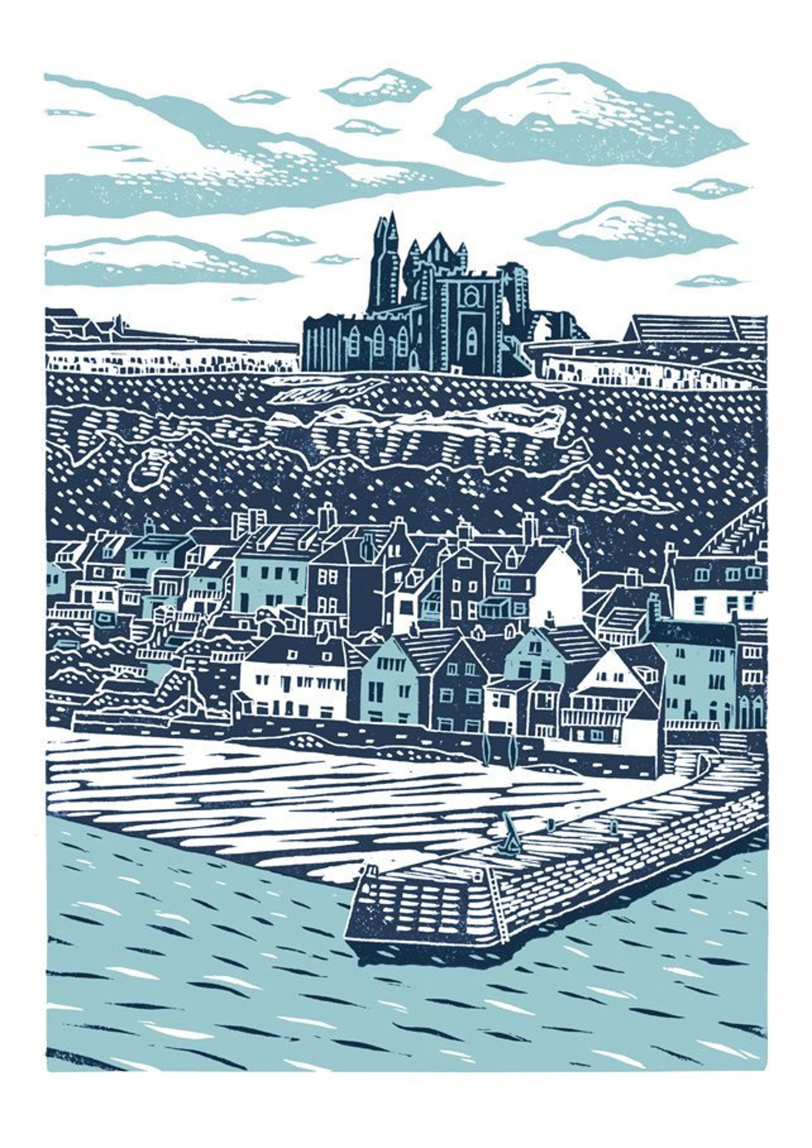 Whitby No.4 A3 Linocut Poster-print in Light and Dark Blue | Etsy UK