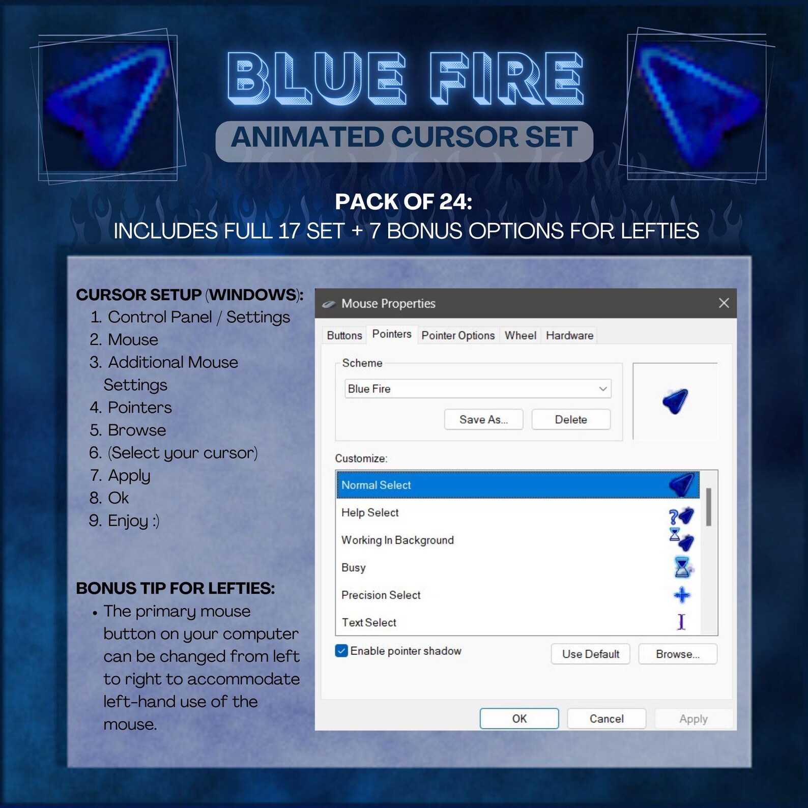 Blue Fire Theme Cursor Pack | Custom Animated Mouse Cursors for Windows PC - Full Set + Bonus ...