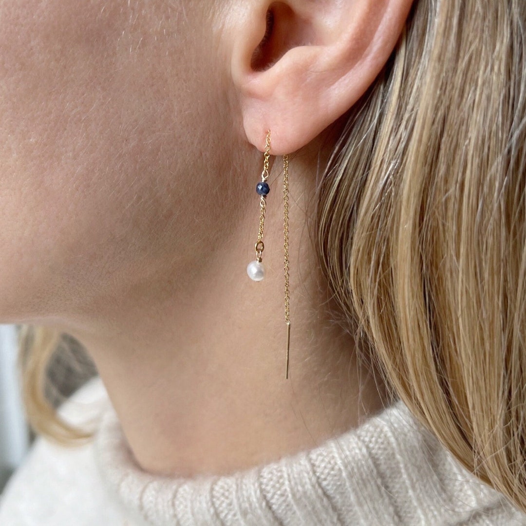 Sapphire and Pearl Earrings, Hanging Pearl Earrings, Pearl Drop ...