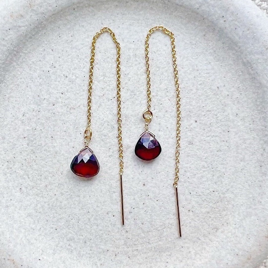 Garnet Earrings, Dainty Gold Garnet Jewelry, Garnet Dangle Earrings ...