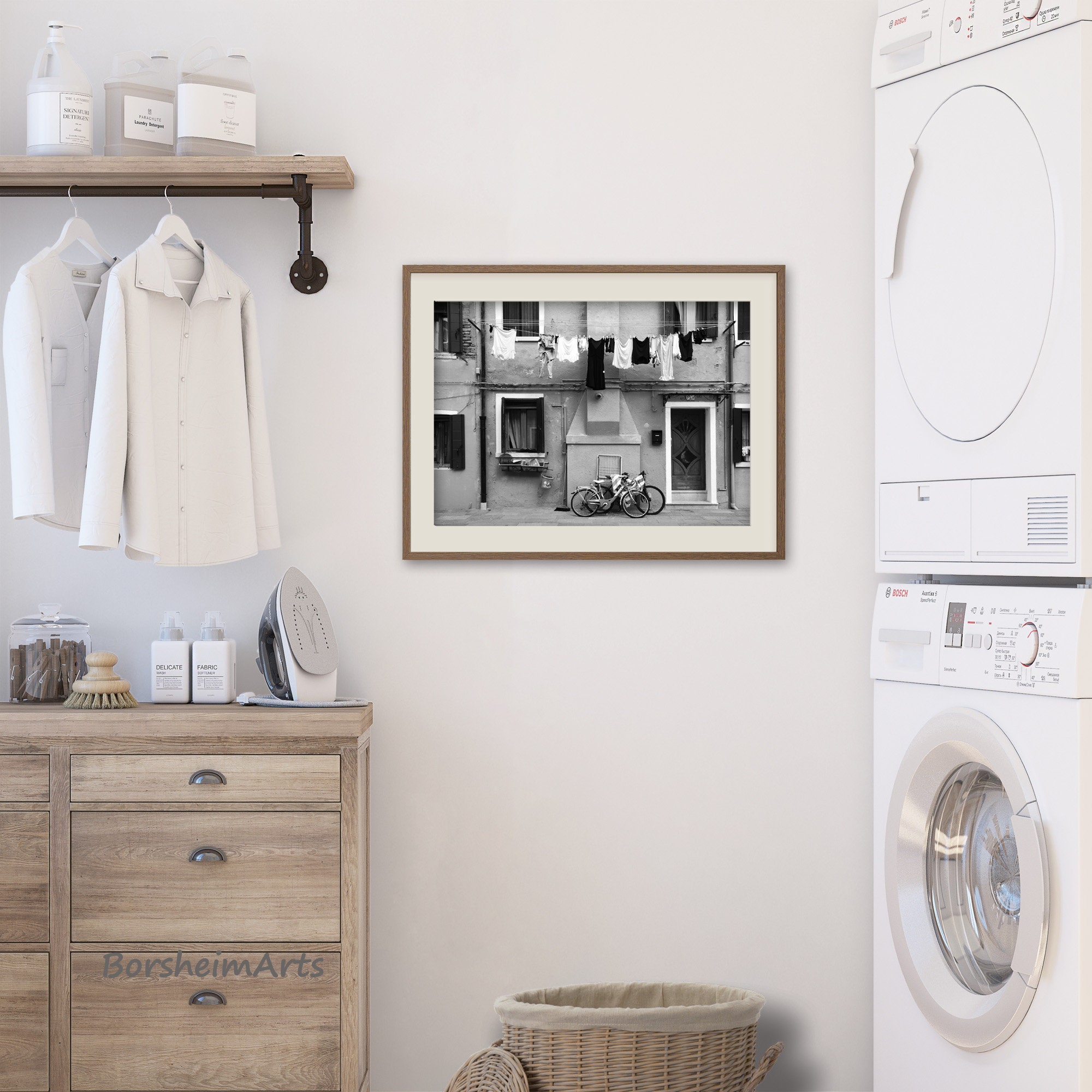 Black and White Hanging Laundry Photo With Bicycles, Venice Italy ...